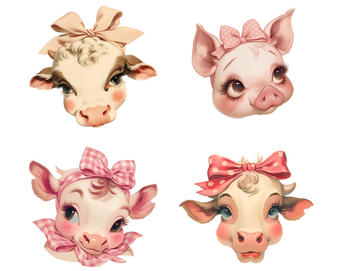 Vintage Animal Heads CLIPART PNG Files, Cow Sublimation, Duck Bunny ...