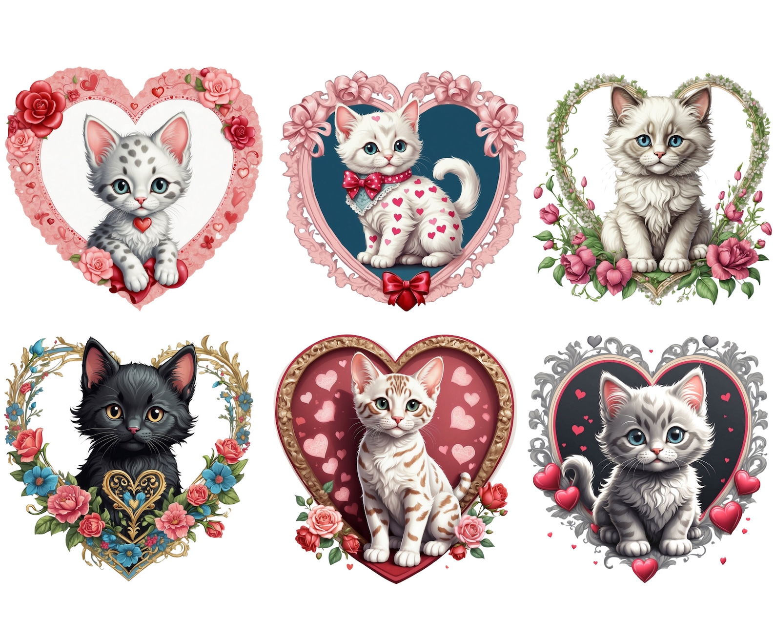 Cats in Hearts CLIPART PNG Files Commercial Use Transparent Background ...