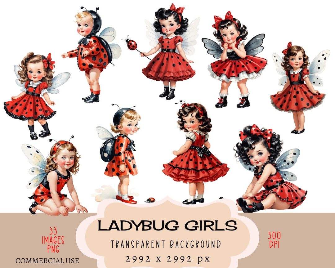 Ladybug Girls CLIPART PNG Files Commercial Use Transparent Background ...