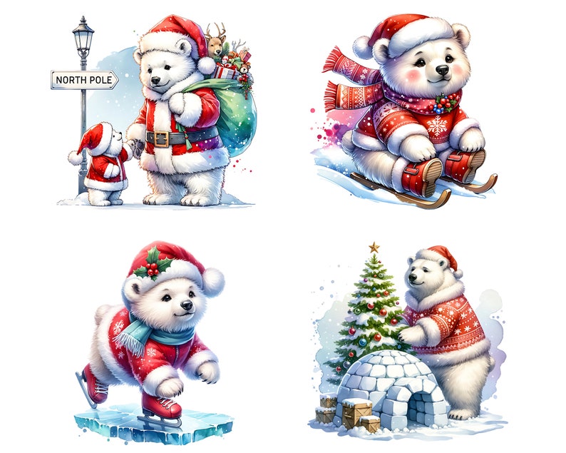 Christmas Polar Bear CLIPART PNG Files, Santa Outfit Sublimation ...