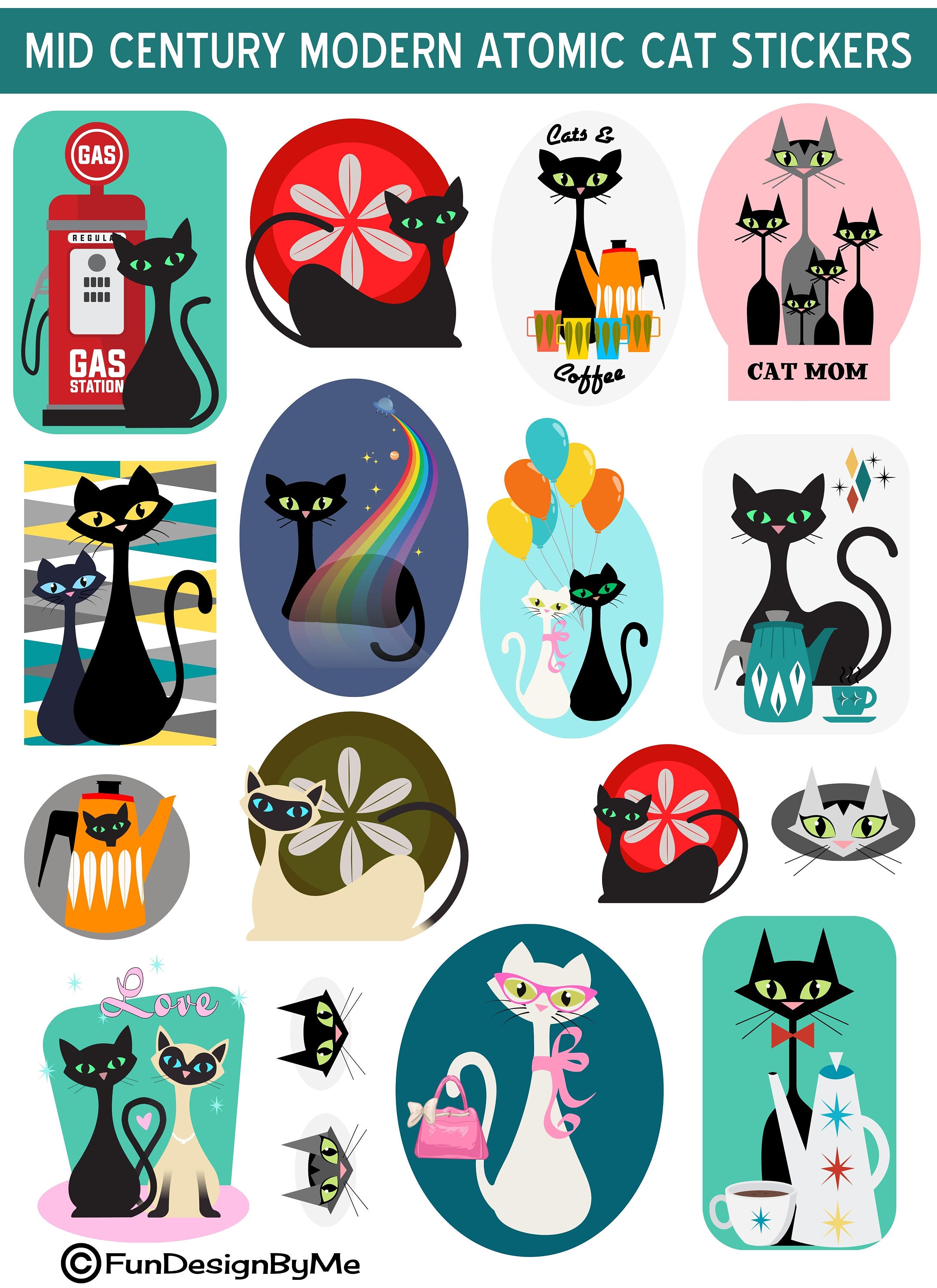JPG File Mid Century Modern Atomic Cat STICKERS Downloadable Printable ...