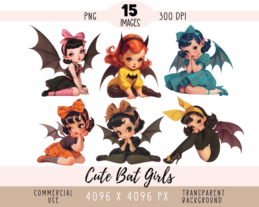 Halloween Bat Girls CLIPART PNG File, Retro Sublimation, Cute Little ...