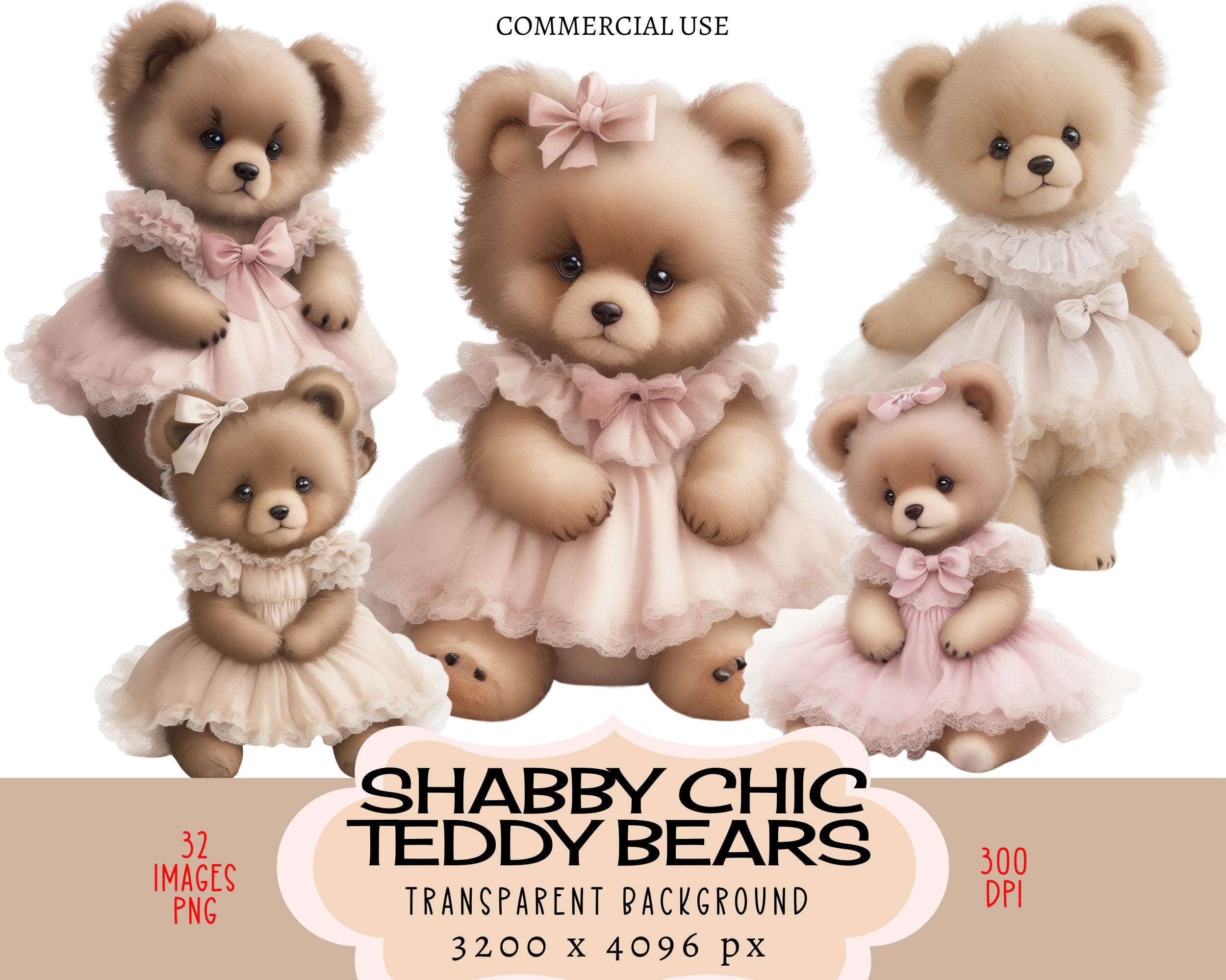Shabby Chic Teddy Bears CLIPART PNG Files Commercial Use Transparent ...