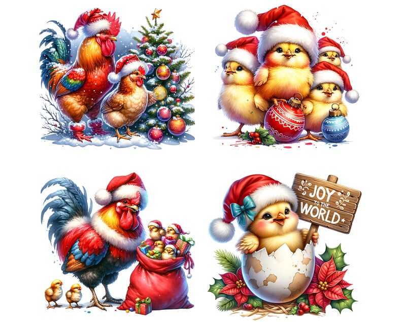 Christmas Chickens CLIPART PNG Files, Rooster Sublimation, Santa Hat ...