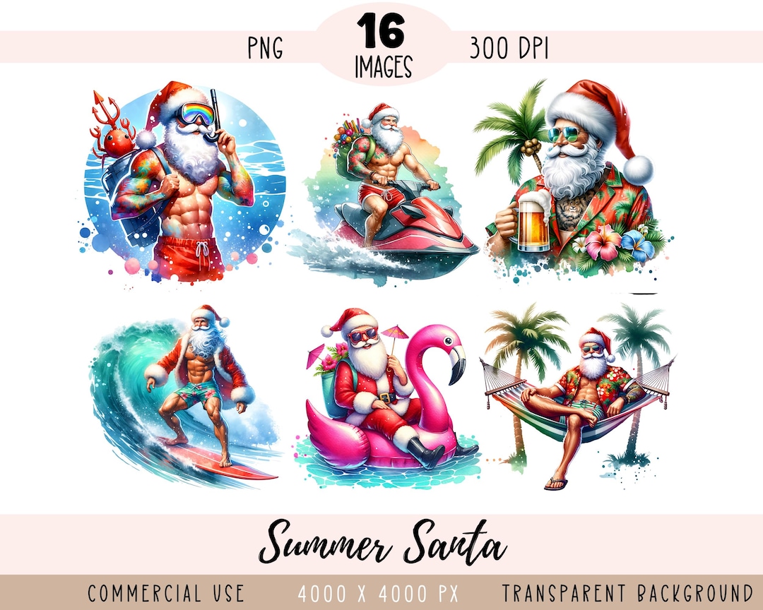 Summer Santa CLIPART PNG Files, Christmas in July, Watercolor Tropical ...