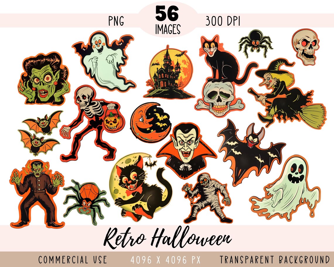 Retro Halloween CLIPART PNG File, Black Cat Sublimation, Vintage Ghost ...