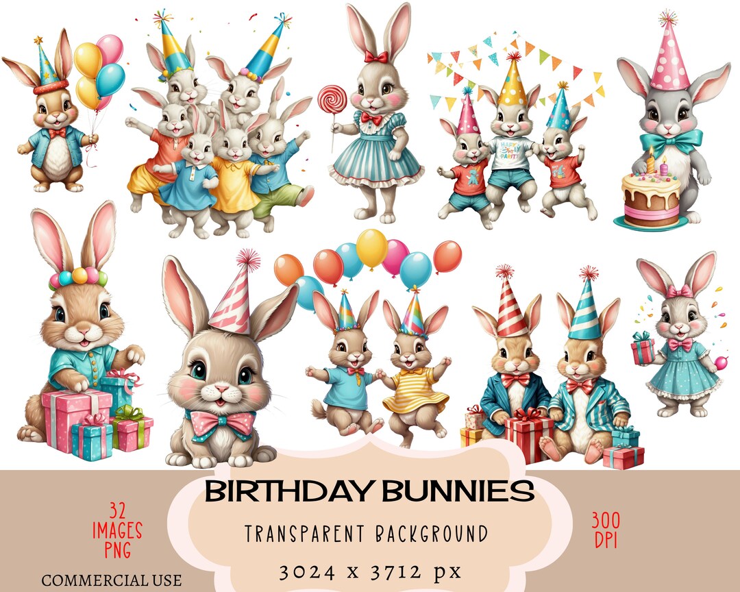 Birthday Bunny CLIPART PNG Files, Commercial Use Transparent Background ...