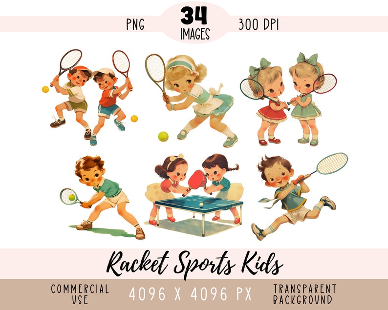 Tennis Badminton Ping Pong Kids CLIPART PNG Files, Retro Little Girls ...