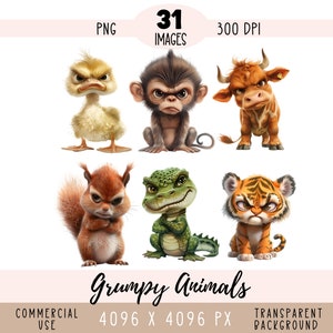 Grumpy Animals CLIPART PNG File, Cute Cow Sublimation, Monkey Crocodile ...
