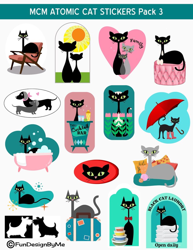 JPG File Mid Century Modern Atomic Cat STICKERS Downloadable - Etsy