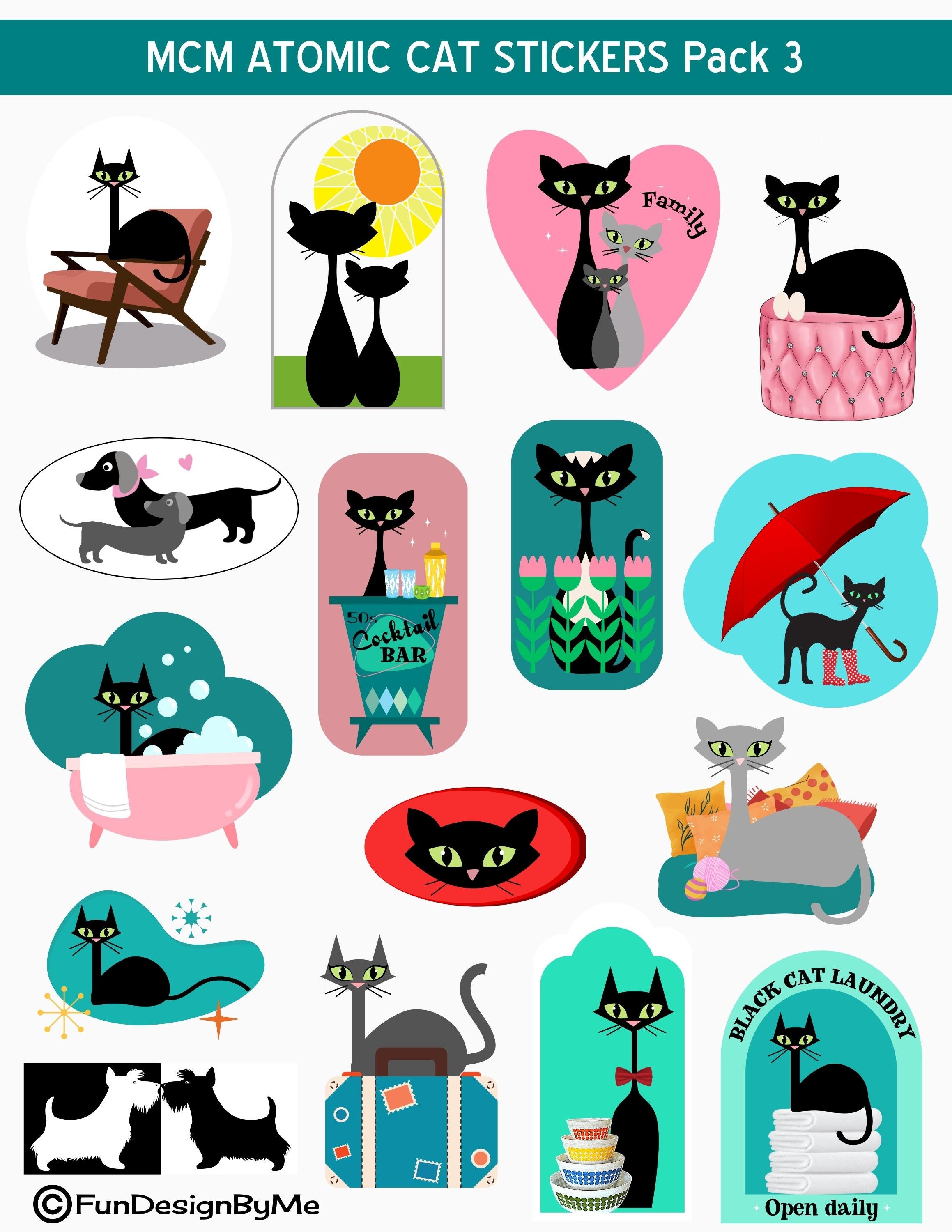 JPG File Mid Century Modern Atomic Cat STICKERS, Downloadable Printable ...