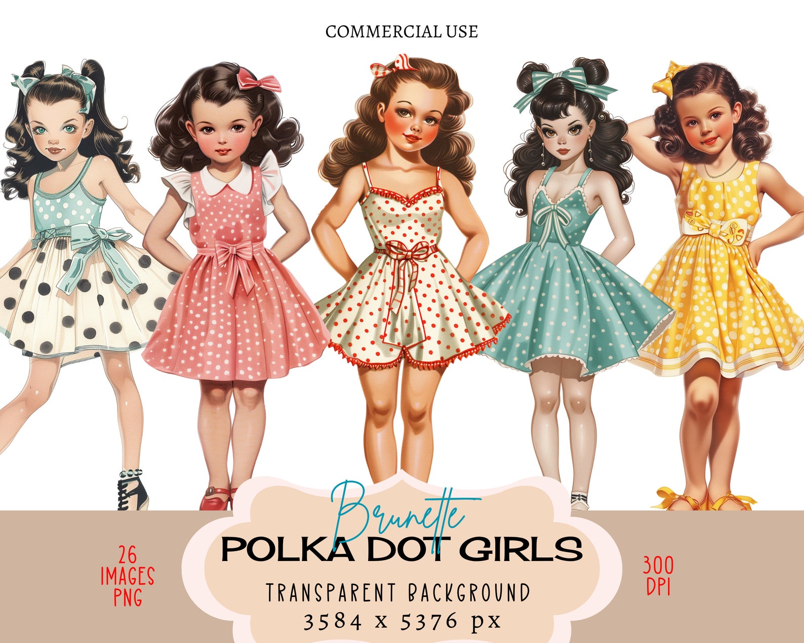 Polka Dot Brunette Girls CLIPART PNG Files Commercial Use Transparent ...