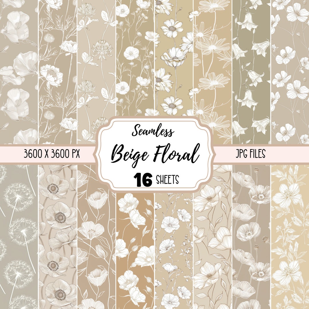 Beige Floral Pattern Digital Papers JPG, Seamless Crafting Paper ...