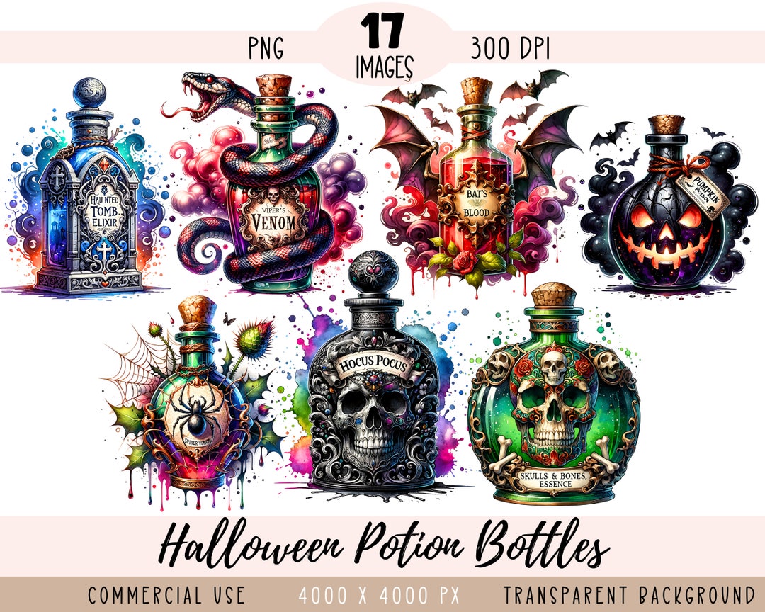Halloween Potion Bottles CLIPART PNG Files, Magic Poison Sublimation ...