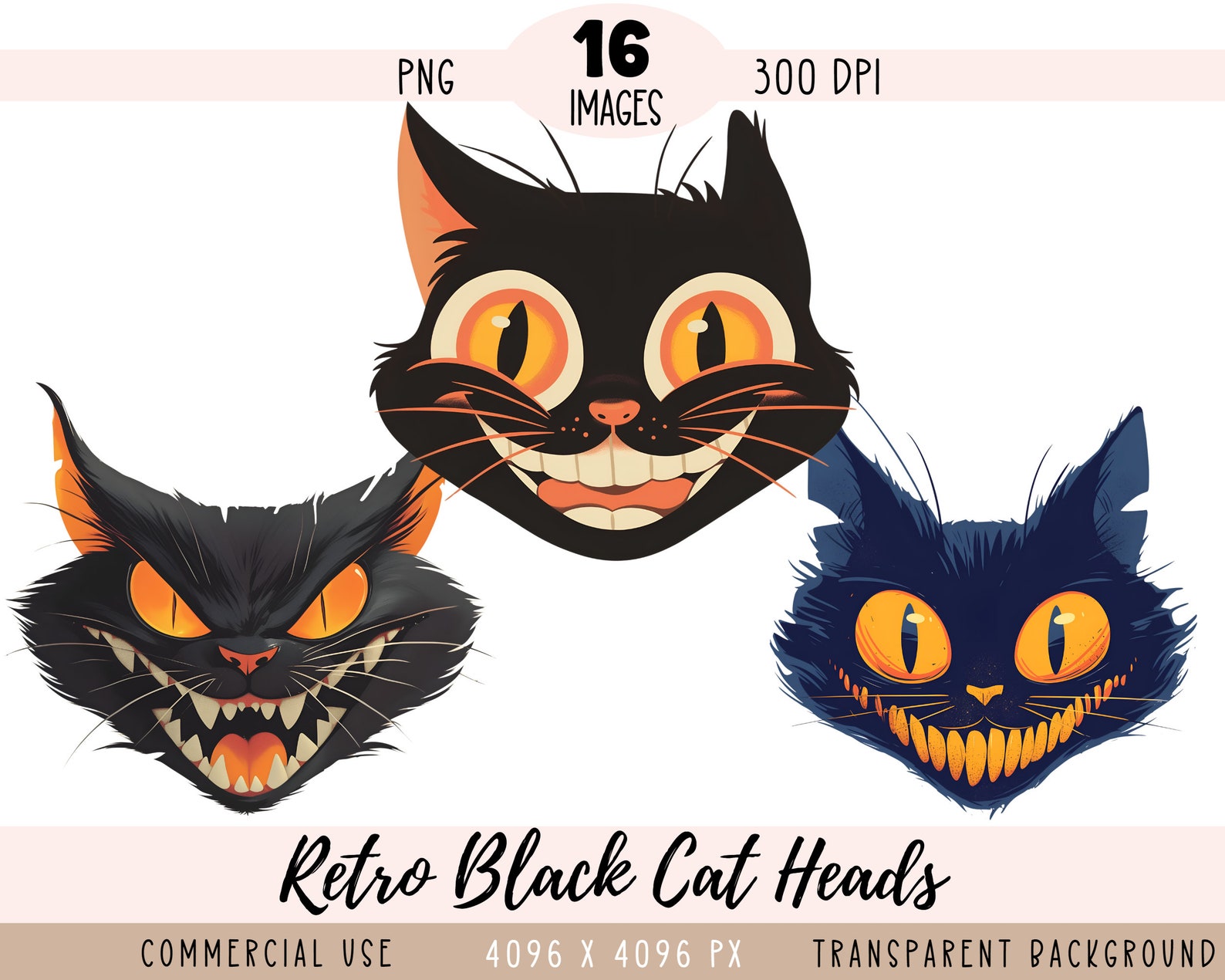 Halloween Black Cat Heads CLIPART PNG Files, Retro Sublimation Vintage ...