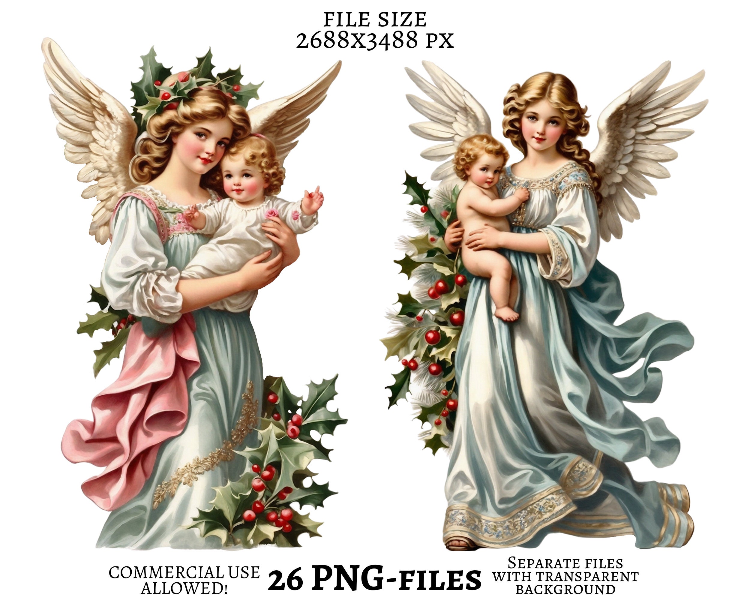 Vintage Christmas Angels CLIPART PNG Files Commercial Use, Transparent ...