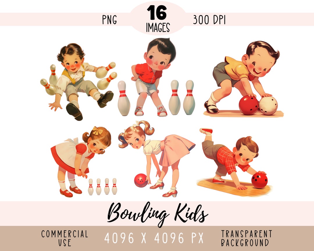 Bowling Kids CLIPART PNG Files, Retro Little Boys Girls Vintage ...