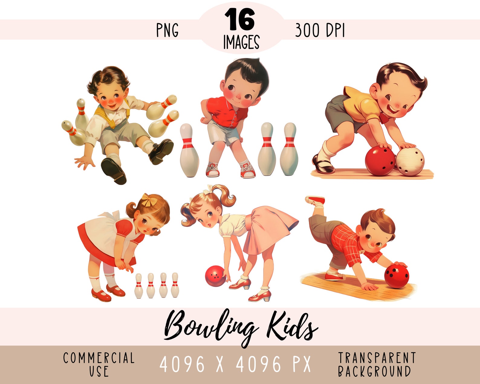 Bowling Kids CLIPART PNG Files, Retro Little Boys Girls Vintage ...