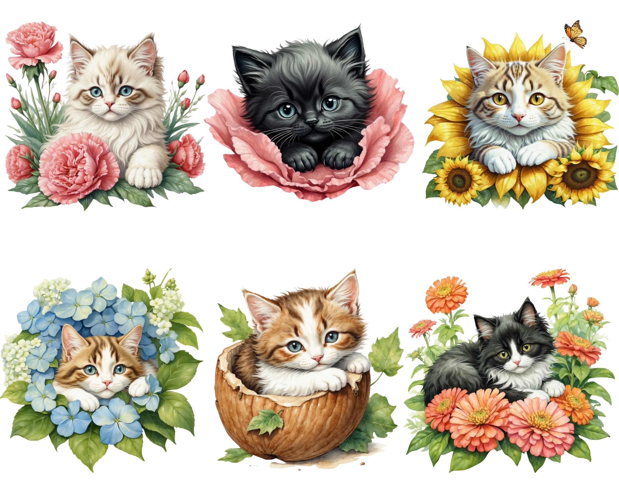 Cats in Flowers CLIPART PNG Files Commercial Use Transparent Background ...