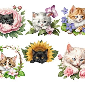 Cats in Flowers CLIPART PNG Files Commercial Use Transparent Background ...