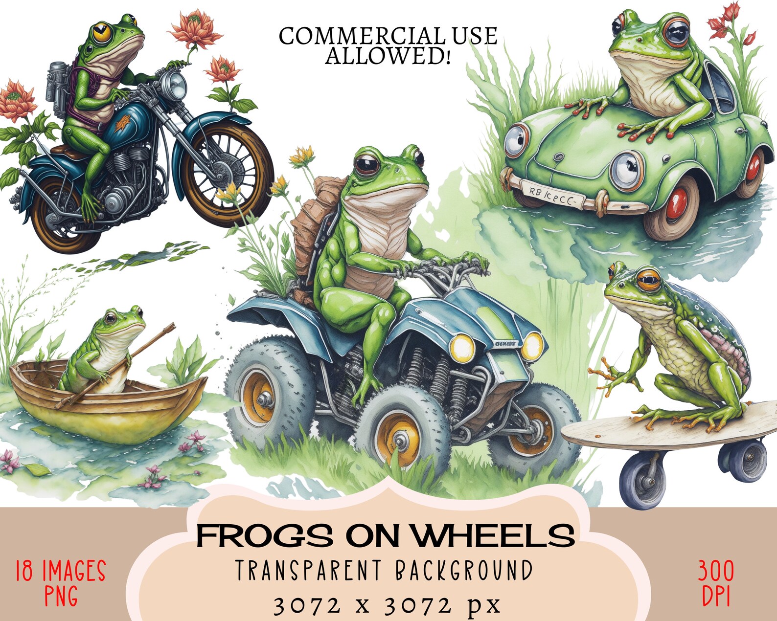 Frogs on Wheels CLIPART PNG Files, Commercial Use, Transparent ...