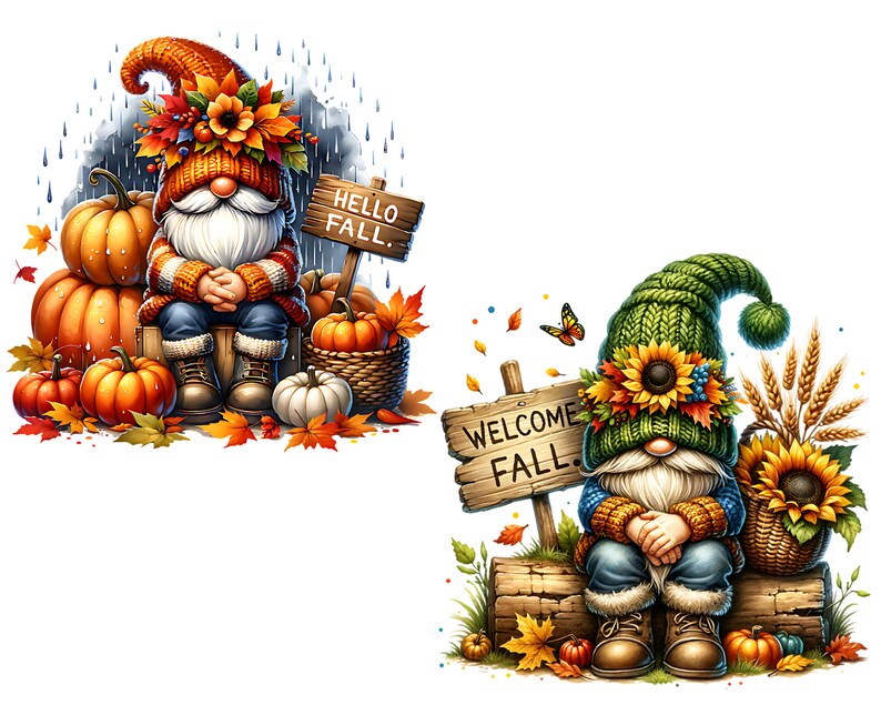 Hello Fall Gnome CLIPART PNG Files, Autumn Sublimation, Watercolor ...