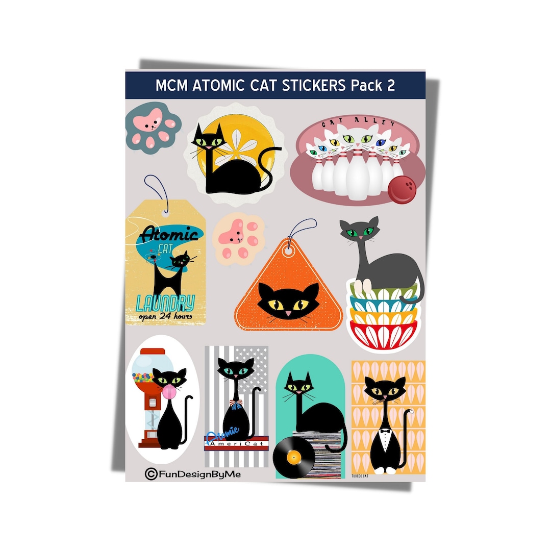 Mid Century Modern Atomic Cat STICKERS, Downloadable Printable MCM ...