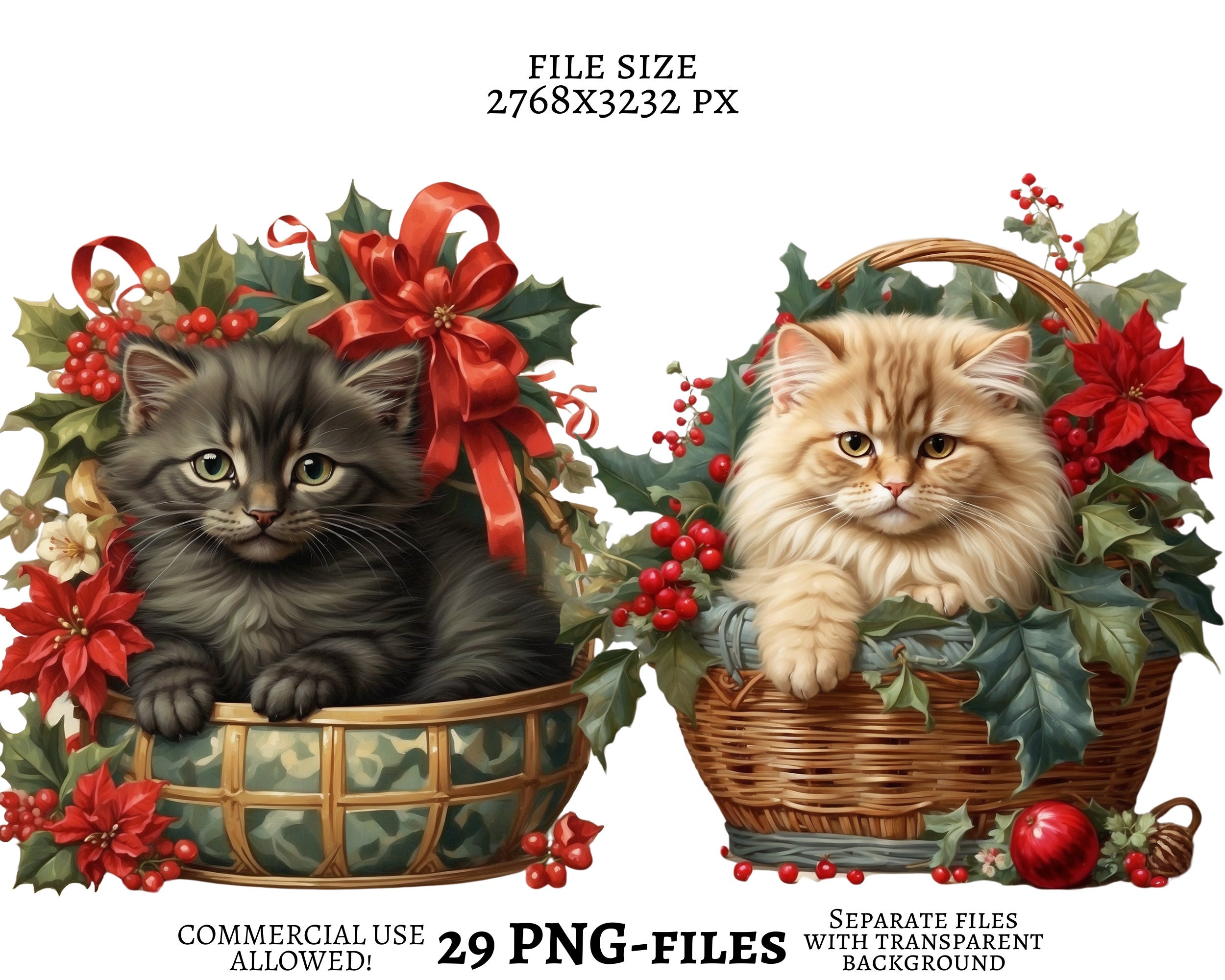 Christmas Cats CLIPART PNG Files Commercial Use Transparent Background ...