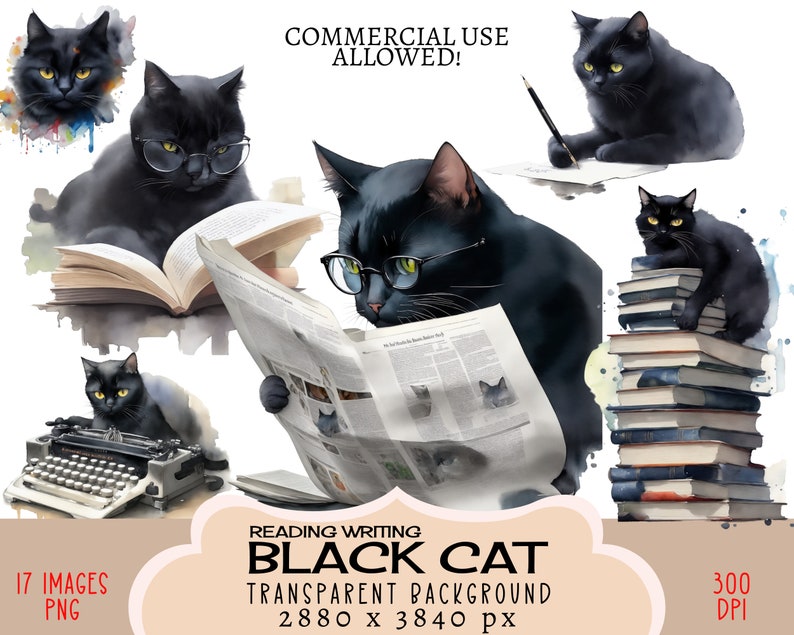 Black Cat Reading Books CLIPART PNG Files, Commercial Use, Transparent ...
