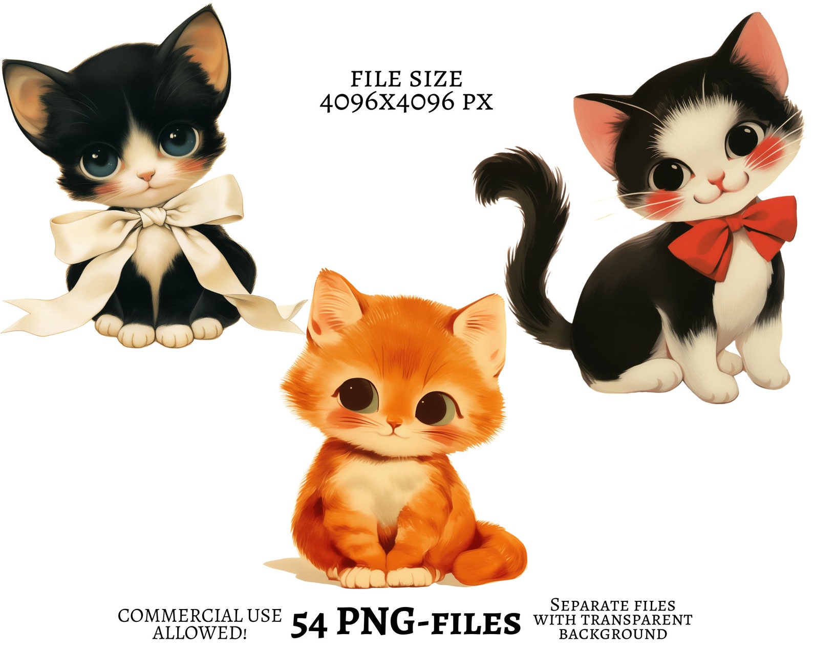 Vintage Cats CLIPART PNG Files, Retro Kitten Cute Kitty, Commercial Use ...
