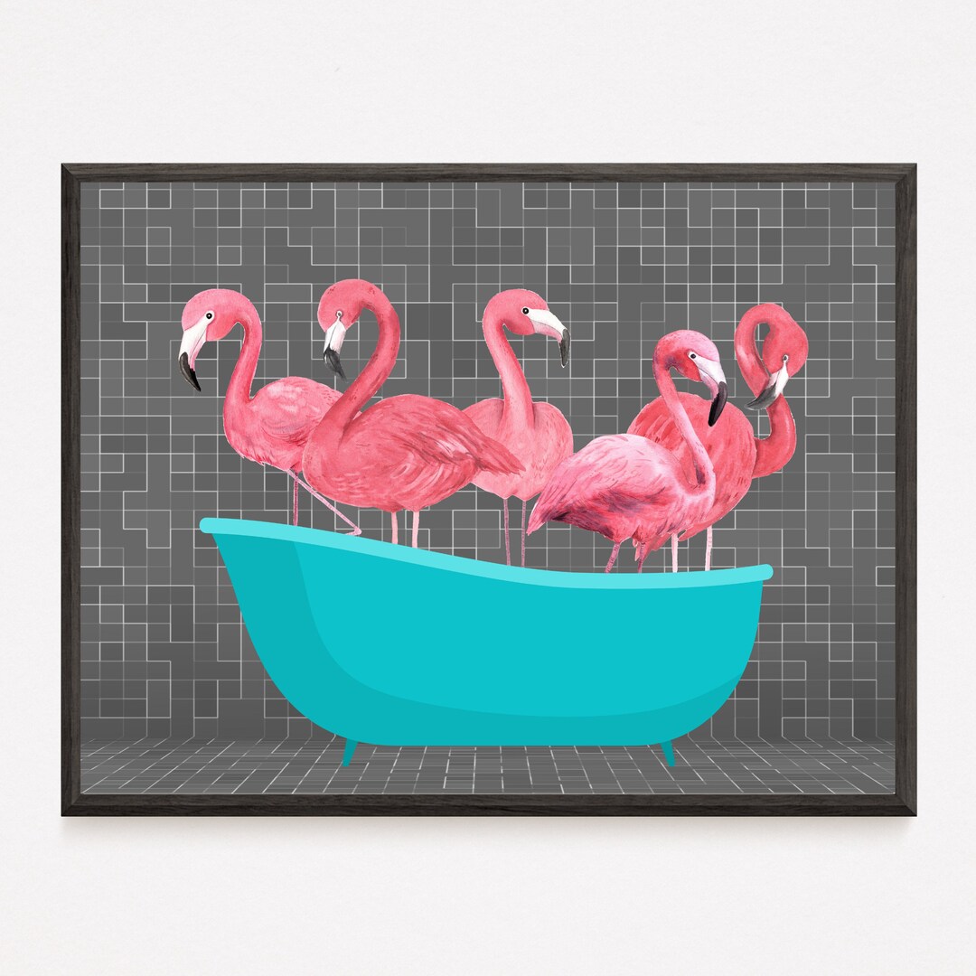 INSTANT DOWNLOAD Flamingos in Bathtub Art Print, Bathroom Wall Art ...