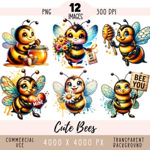 Cute Bee CLIPART PNG Files, Honey Bee Sublimation, Watercolor Bumble ...