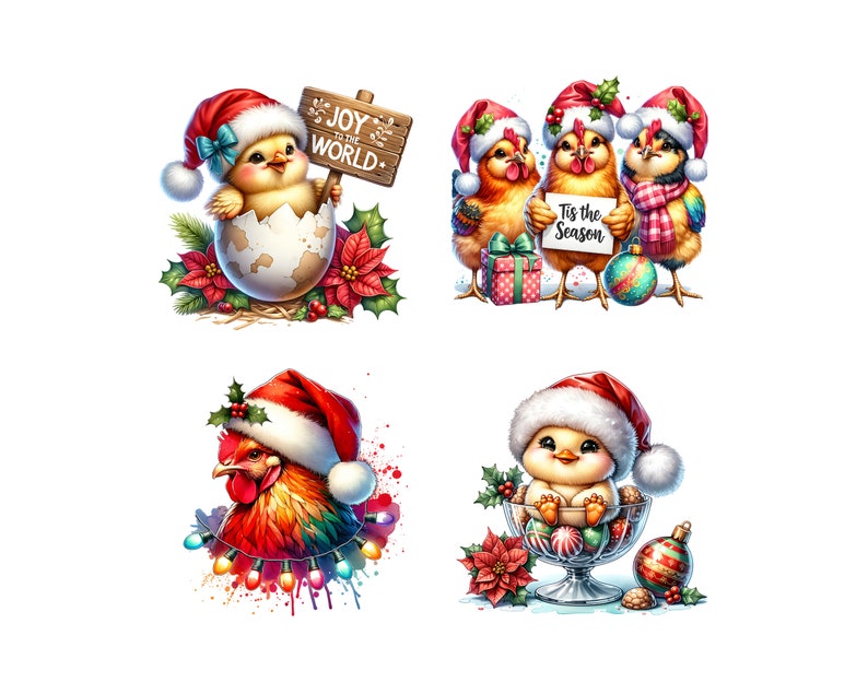 Christmas Chickens CLIPART PNG Files, Rooster Sublimation, Santa Hat ...