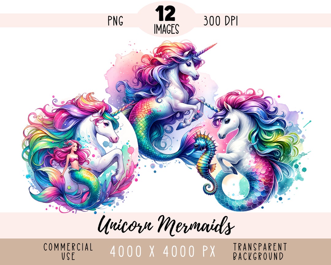 Unicorn Mermaids CLIPART PNG Files, Cute Fantasy Sublimation, Kid's ...