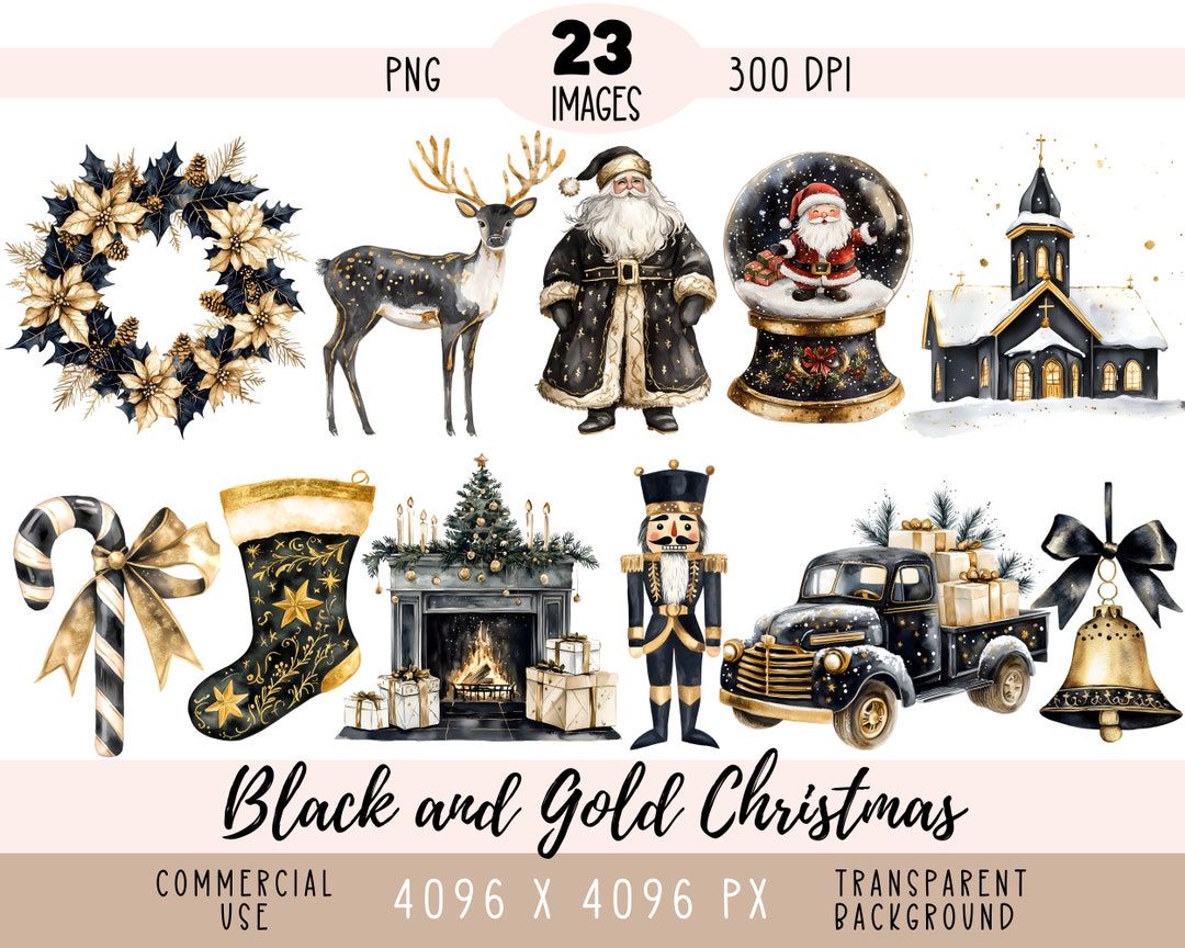 Black and Gold Christmas CLIPART PNG Files, Black Santa Sublimation ...