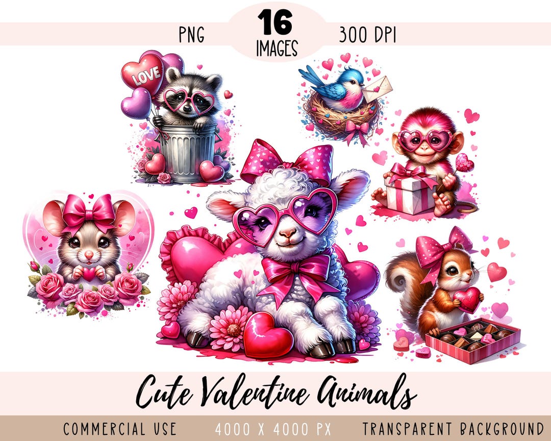 Cute Valentine Animals CLIPART PNG Files Love Sublimation Watercolor ...