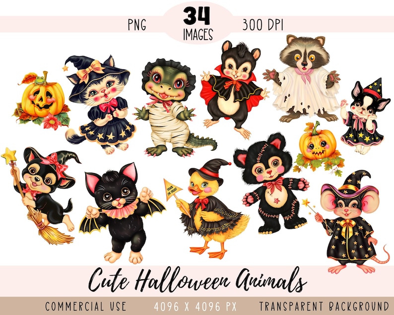 Halloween Animals CLIPART PNG Files, Retro Halloween Sublimation ...