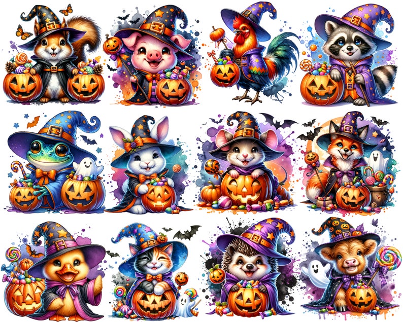 Halloween Animals CLIPART PNG Files, Wizard Cat Sublimation, Watercolor ...