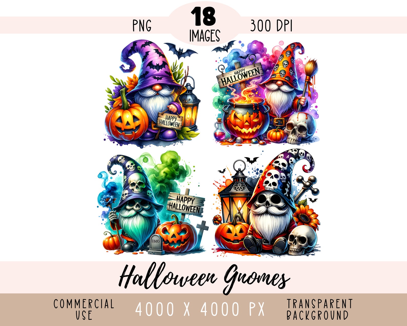 Halloween Gnomes CLIPART PNG Files, Colorful Sublimation, Skull Pumpkin ...