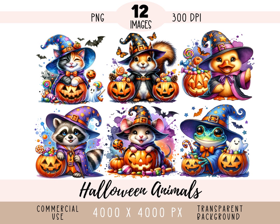 Halloween Animals CLIPART PNG Files, Wizard Cat Sublimation, Watercolor ...