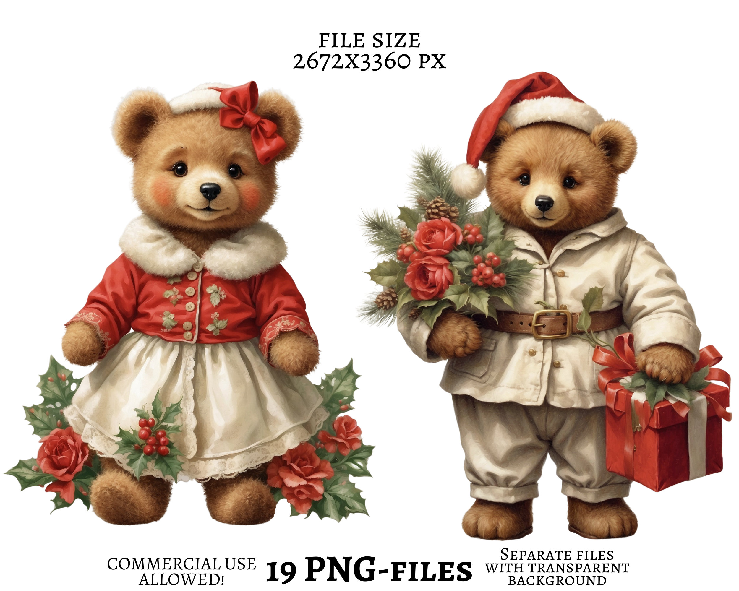 Christmas Teddy Bear CLIPART PNG Files, Commercial Use, Transparent ...