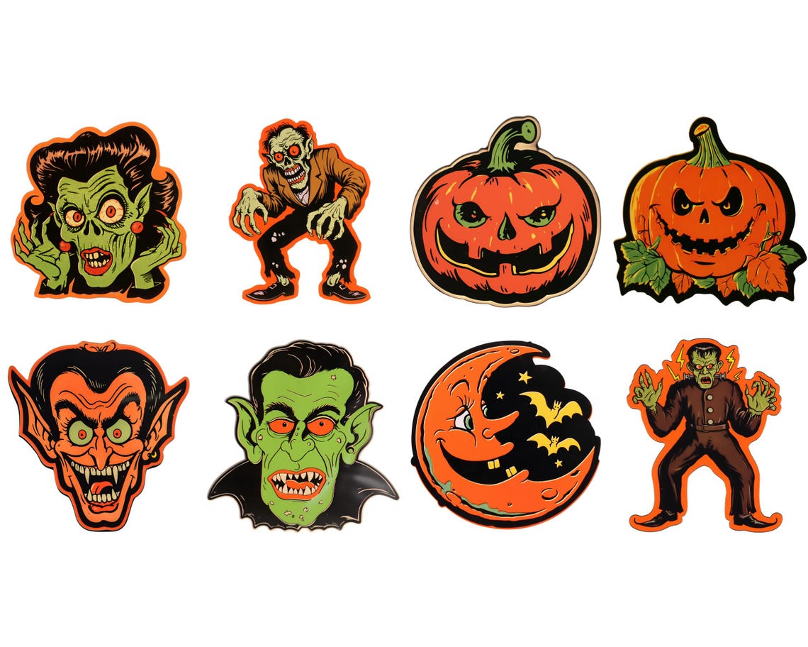 Retro Halloween CLIPART PNG File, Black Cat Sublimation, Vintage Ghost ...