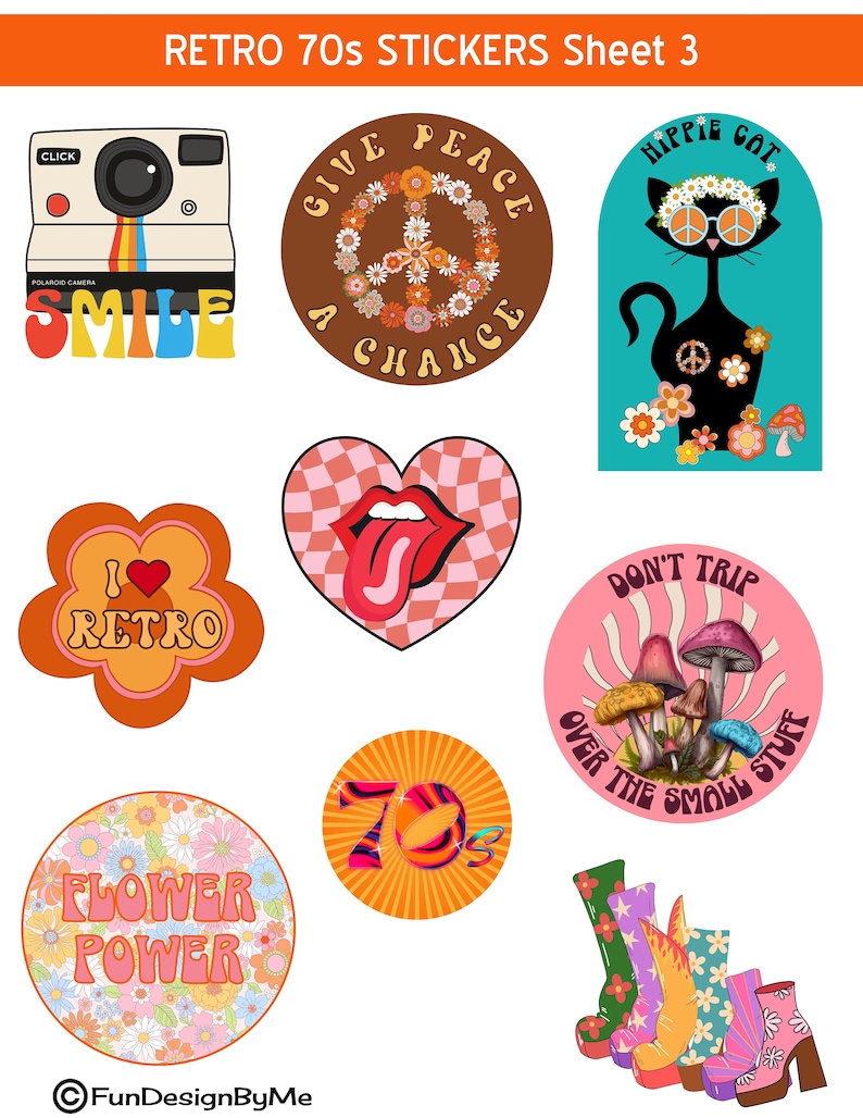 RETRO 70s STICKERS, Downloadable Printable JPG File Instant Download ...
