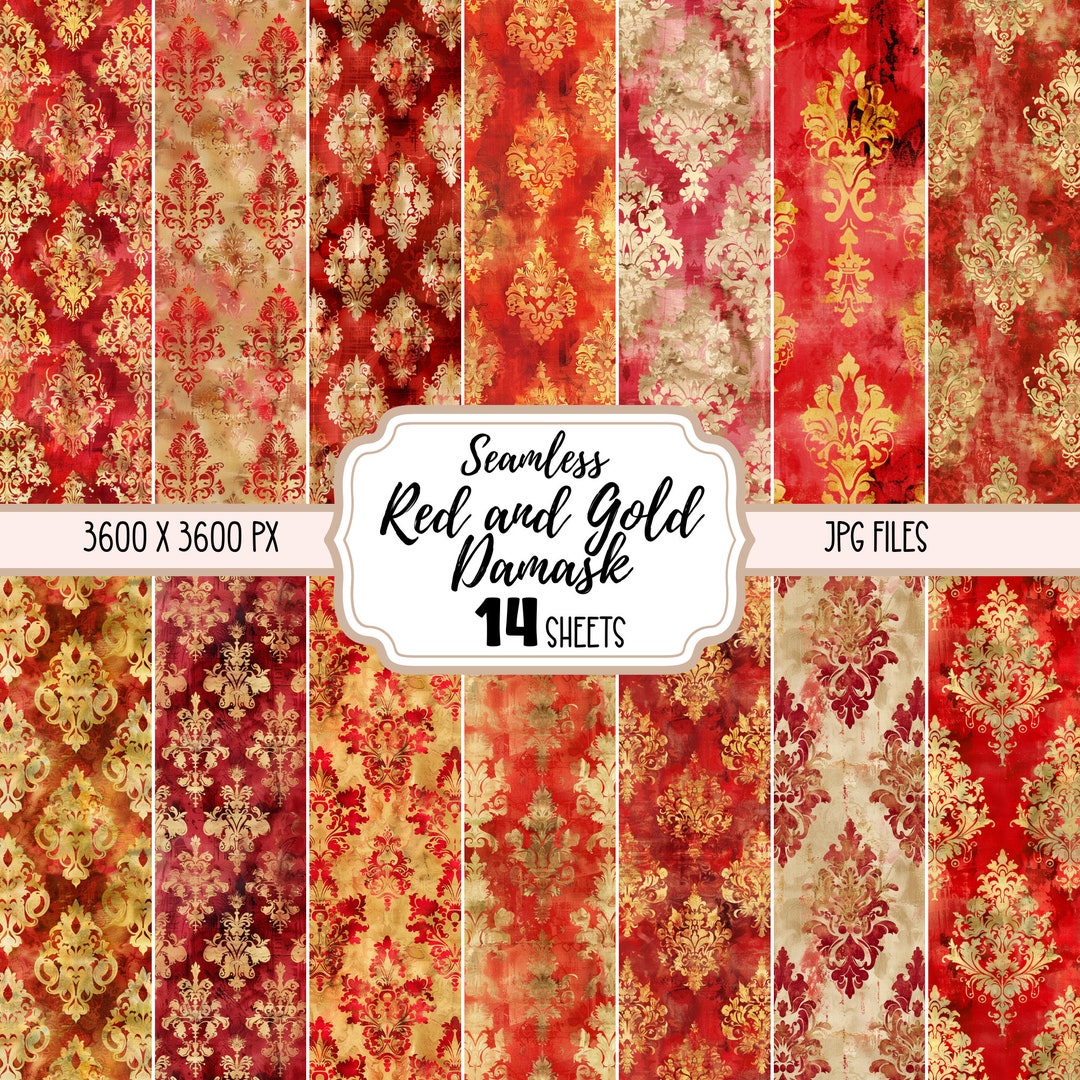 Red and Gold Damask Digital Papers JPG, Seamless Crafting Paper ...