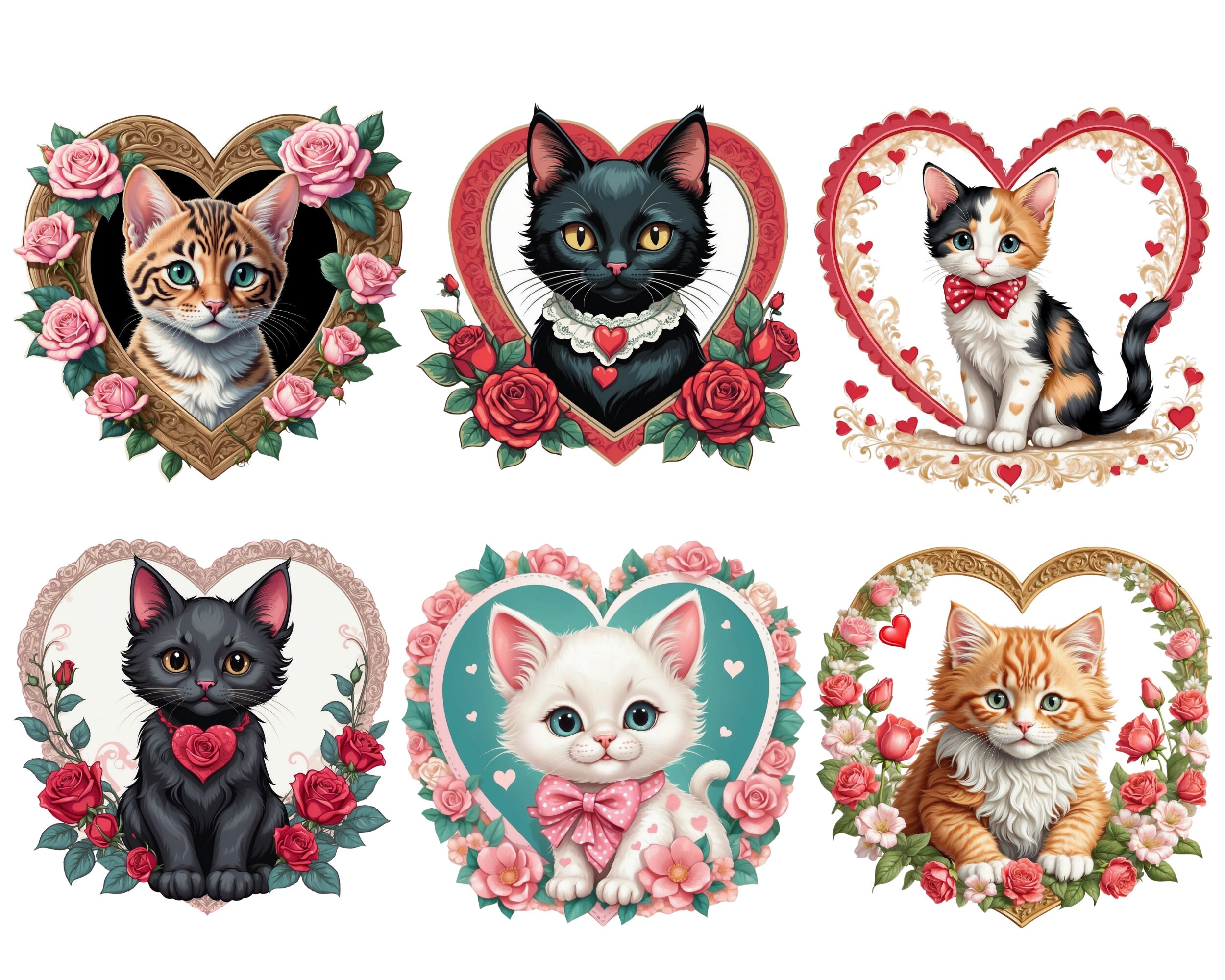Cats in Hearts CLIPART PNG Files Commercial Use Transparent Background ...