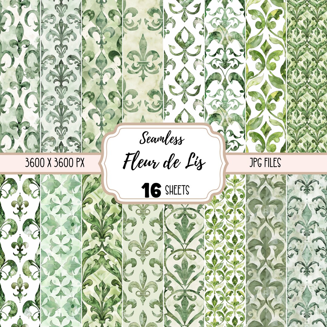 Green Fleur De Lis Digital Papers JPG, Seamless Crafting Paper ...