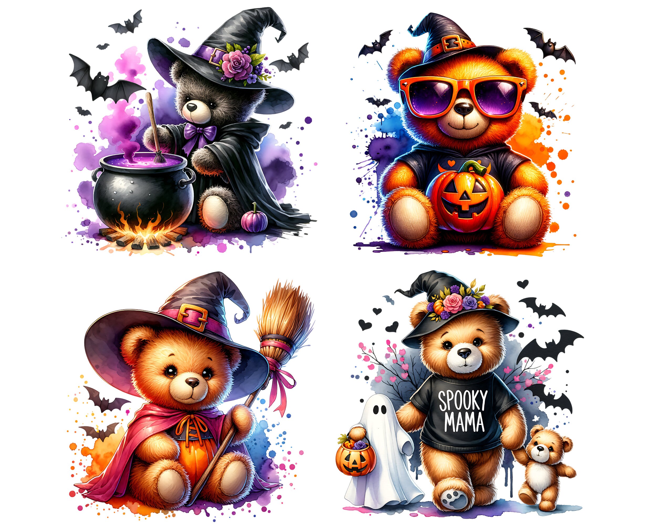 Halloween Teddy Bears CLIPART PNG File, Wizard Sublimation, Witch Broom ...