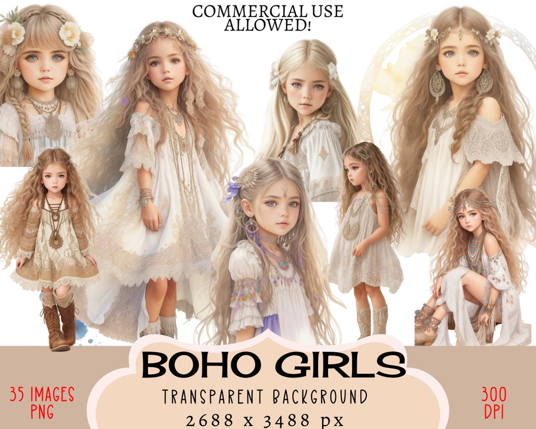 Boho Girls CLIPART PNG Files, Commercial Use, Transparent Background ...