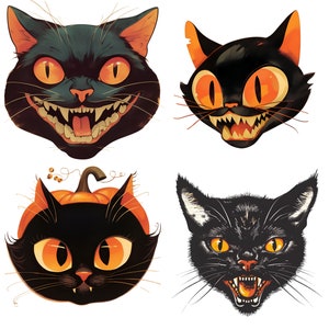 Halloween Black Cat Heads CLIPART PNG Files, Retro Sublimation Vintage ...