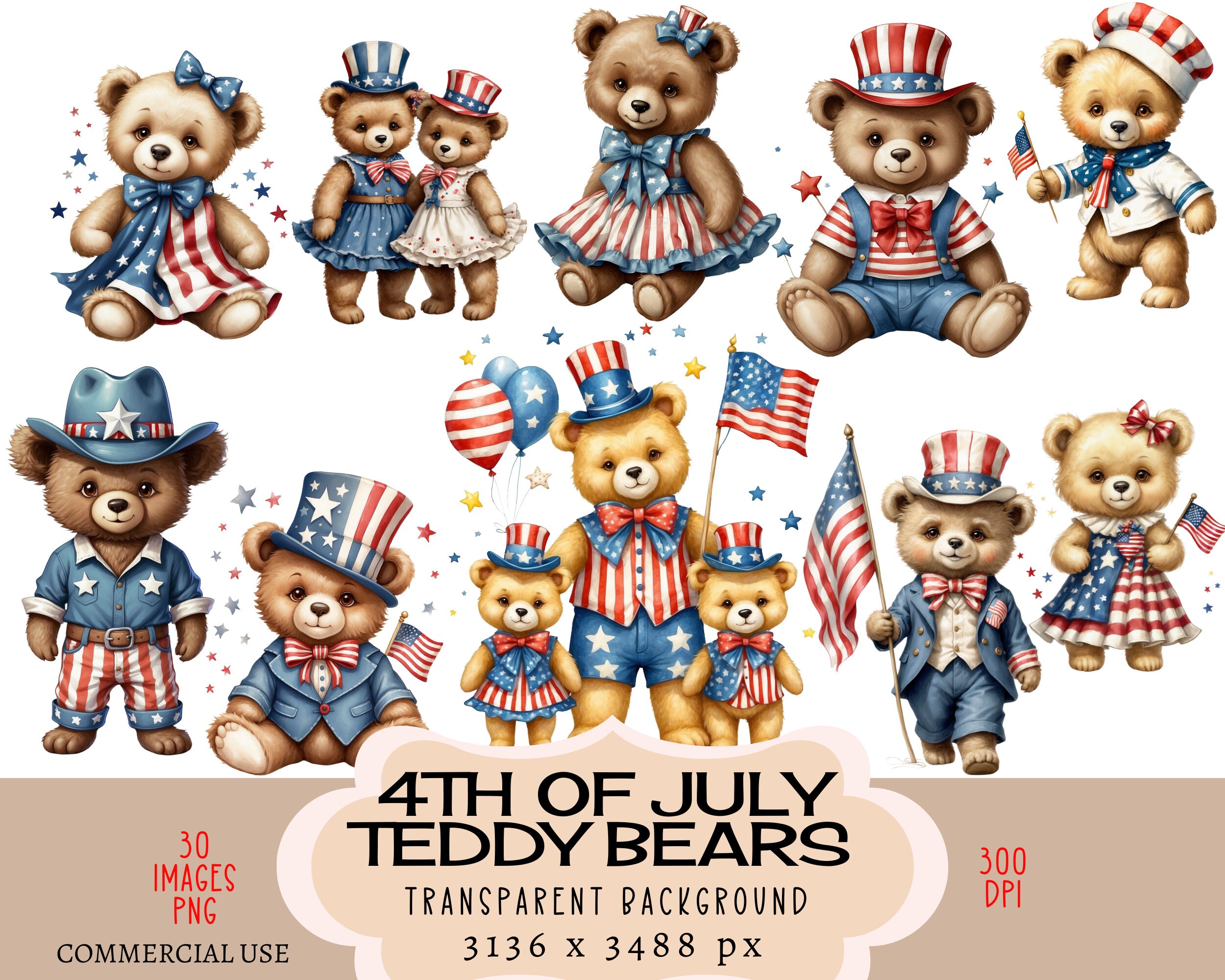 4th of July Teddy Bears CLIPART PNG Files Commercial Use Transparent ...